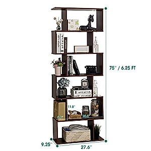 TinyTimes 6-Tier Wooden Bookcase, S-Shape Display Shelf and Room Divider, Freestanding Decorative Storage Shelving, 75'' Tall Bookshelf - Walnut