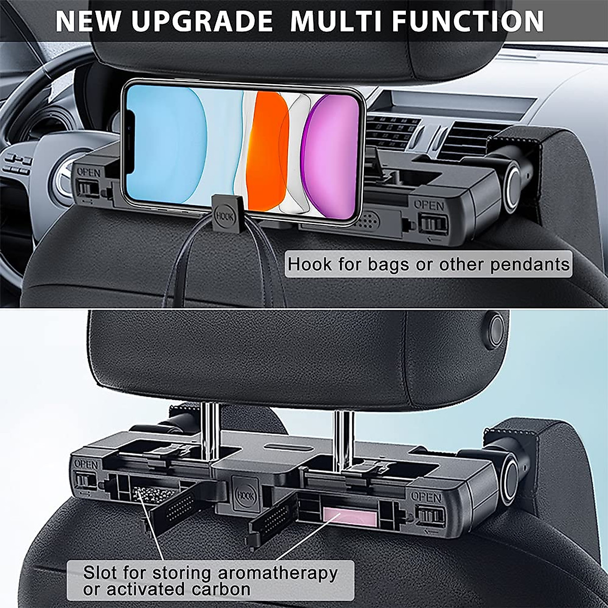 TICARVE Car Headrest Pillow, Car Seat Head Neck Supports, Car Seat Back Hanger Hook, Adjustable Both Side Travel Car Sleeping Pillow for Kids Adult (Black)