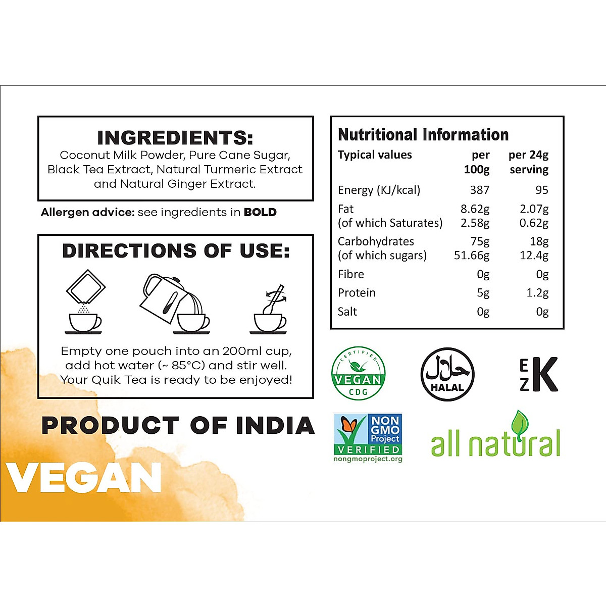 QuikTea Vegan Turmeric Ginger Chai Tea Latte Mix - 10 Count Single Box - All Natural, Non GMO, Vegan Certified | Convenient & Easy Dairy Free Instant Chai Tea Mix | Healthy Coffee Alternative