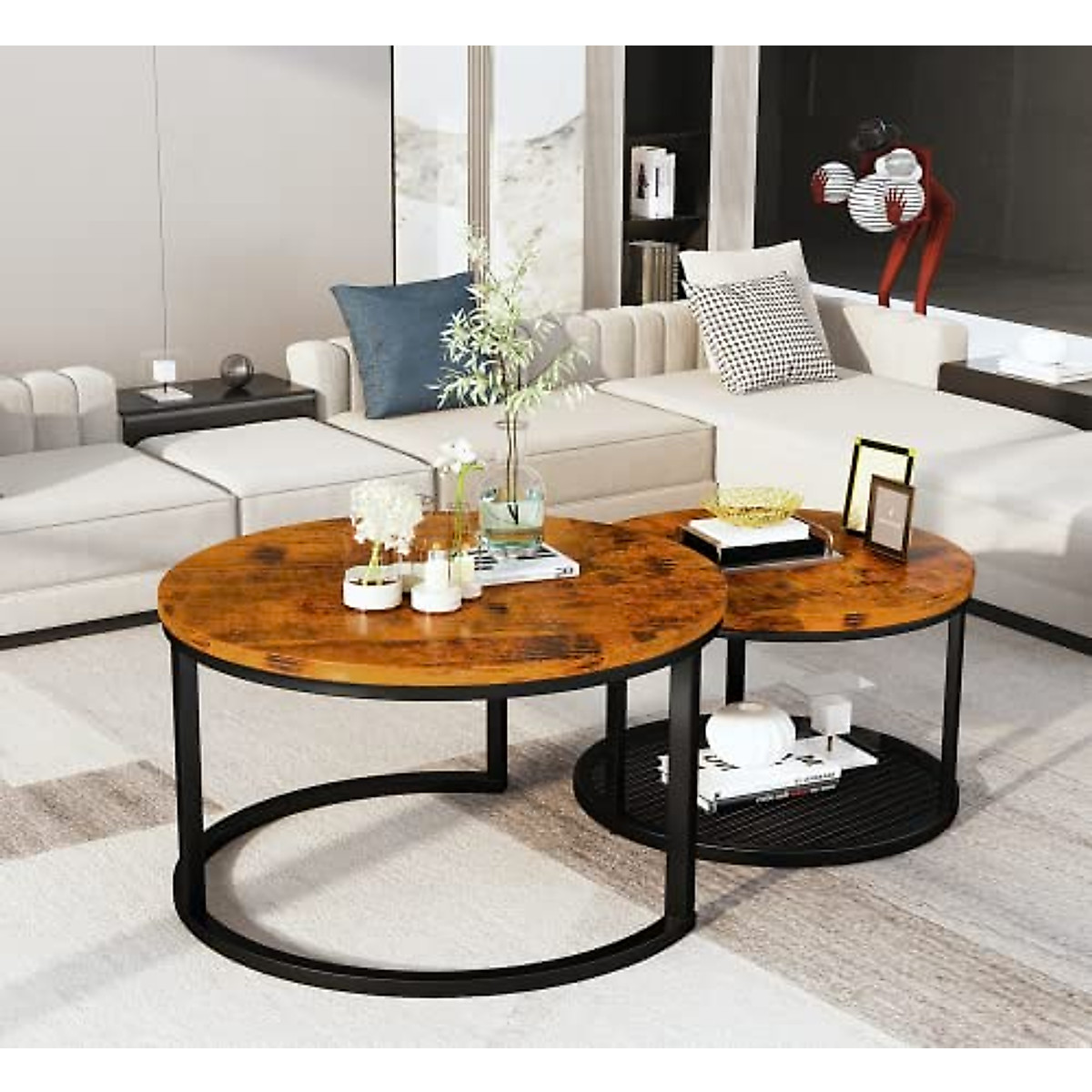 AWQM D006-F2 Nesting, 29" Coffee Table, Rustic Brown and Black