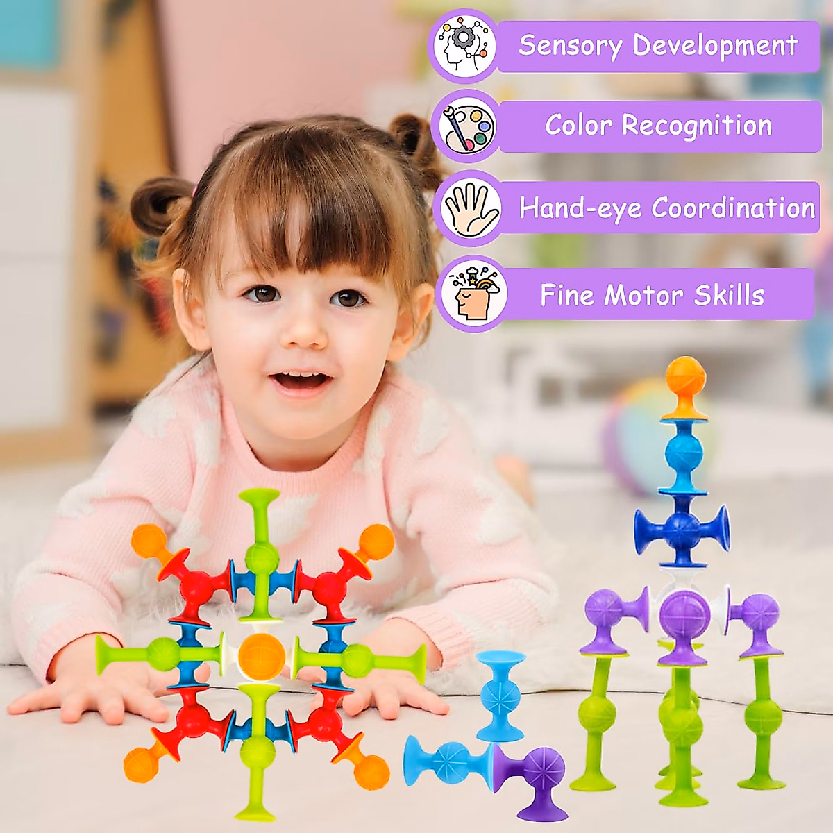 48 Piece Suction Cup Bath Toys for Kids Ages 3+, Sensory Toys for Autistic Children, Travel Window Stem Learning, Bathtub With Storage