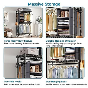 VIPEK V12E Garment Rack Heavy Duty Rolling Clothes Rack with 3 Tiers Adjustable Wire Shelving and Double Rods for Hanging Clothes Freestanding Wardrobe Storage Organzier Metal Clothing Rack, Black