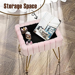 Greenstell Vanity Stool Chair Faux Fur with Storage, 15.7"L x 11.8"W x 19.4"H Soft Ottoman 4 Metal Legs with Anti-Slip Feet, Furry Padded Seat, Modern Multifunctional Chairs for Makeup, Bedroom Pink
