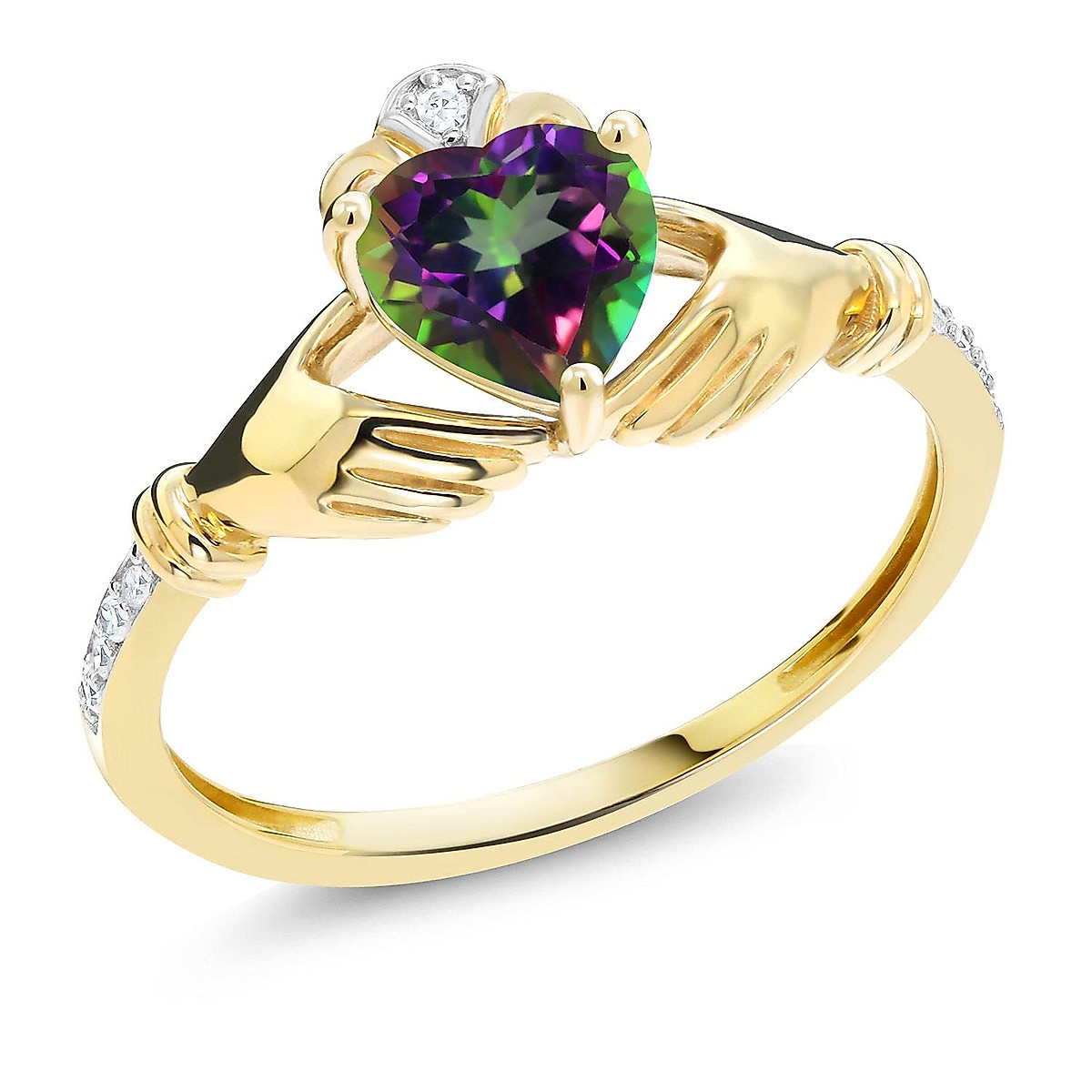 Gem Stone King 10K Yellow Gold Irish Celtic Claddagh Green Mystic Topaz and Diamond Accent Women Heart Shape Ring (1.01 Cttw, Gemstone Birthstone, Available In Size 5, 6, 7, 8, 9)