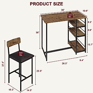 GAOMON Rustic Brown 3-Piece Counter Height Bar Kitchen Table Set with 3 Storage Shelves for Small Spaces, Apartment, Dining Table and 2 Upholstered Bar Height Chairs