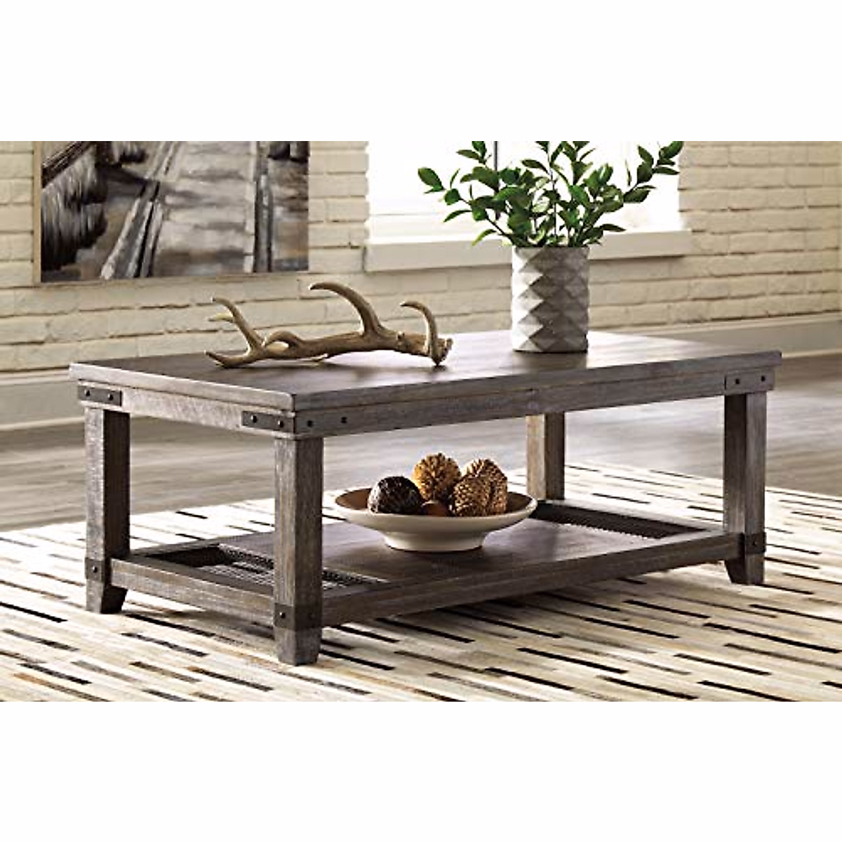 Signature Design by Ashley Danell Ridge Rustic Rectangular Coffee Table with Iron Accents, Brown