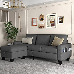 ZeeFu Convertible Sectional Sofa Couch,Dark Grey Linen Fabric Modern 3Seat L Shaped Upholstered Sofa Couch Set with Storage Reversible Ottoman and Pockets for Living Room Small Space Apartment