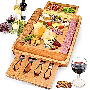 Bamboo Cheese Board and Knife Set,Cheese Servers with Hidden Drawer,Charcuterie Platter and Cheese Serving Tray for Wine, Crackers,Brie and Meat