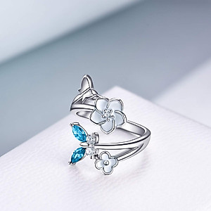 Sterling Silver Butterfly Rings Cubic Zirconia Flower Adjuastable Band Jewelry for Women Girls (Light Blue- Aquamarine)
