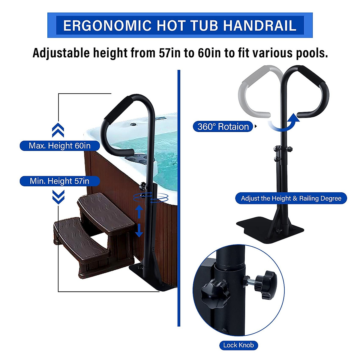 TCFUNDY Hot Tub Handrail, Adjustable 60" Slide Spa Hot Tub Hand Rail, Under Base Spa Step Side Railing 700 LBS Load, Heavy Steel Spa Handrail for Hot Tub with Sponge Rubber Grip, Rotatable Handle