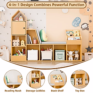 Vabches Kids Reading Nook with Bench - Bookshelf & Bookcase with Seat Cushion, 7 Open Storage Cubbies, 3-Tier File Organizers, Toy Storage Box & Chest for School, Playroom, Bedroom.