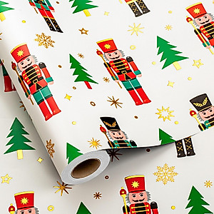 MIMUTI Christmas Wrapping Paper - Wrapping Paper Mini Roll - 17in X 33ft - Nutcracker/Tree/Stars Printed on Paper for Chrsitmas, Holiday, Party Celebration
