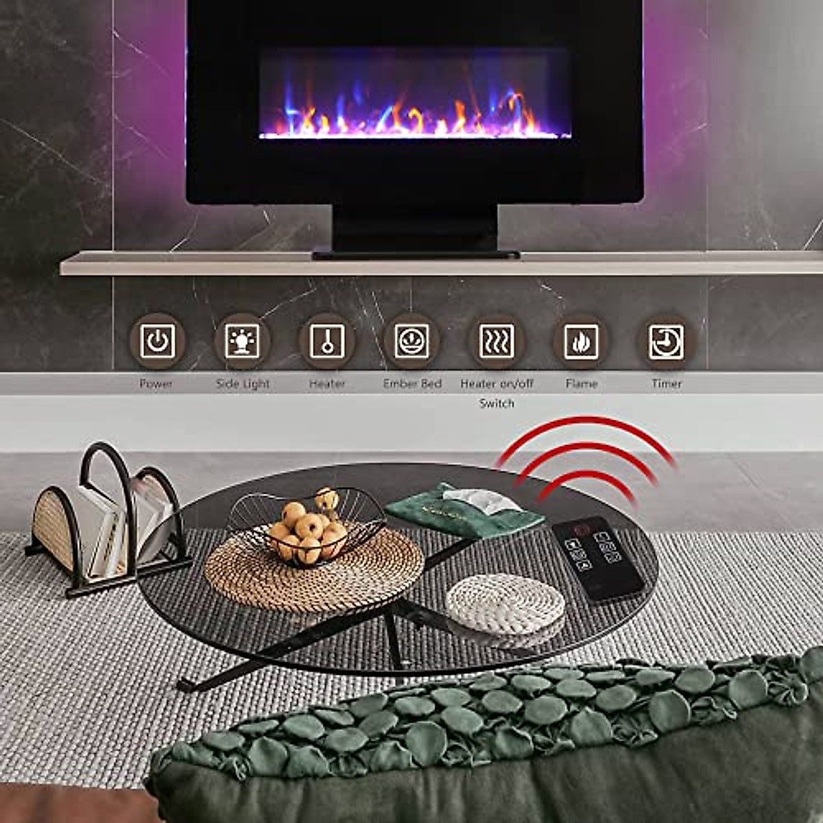 36 Inch Curved Front Electric Fireplace, Freestanding or Wall Mounted Electric Fireplace with Adjustable Flame Color & Remote Control for Apartment/Office/Bedroom, Black