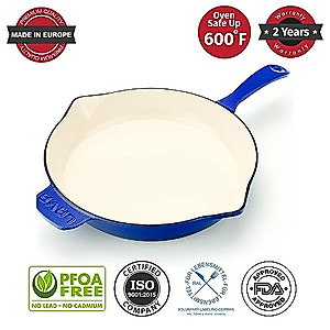 Lava Enameled Cast Iron Ceramic Skillet with Side Drip Spouts - 11 inch Round Frying Pan with White Ceramic Enamel Coated Interior - Edition Series (Blue)
