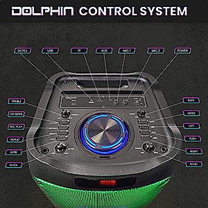 Dolphin SPF-1212R Powerful Sound & BASS 5100W | Portable Rechargeable Big Party Speaker | Dual 12", 3X 1 Tweeters | LED Party Lights, Handles and Wheels