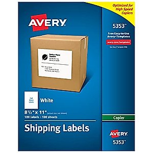 Avery Printable Shipping Labels for Copiers, 8.5" x 11", White, 100 Blank Mailing Labels (5353)