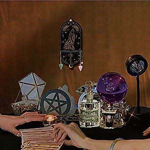 CREATCABIN 2Pcs Small Crystal Shelf Display Wolf Moon Star Wooden Crystal Holder Stand with 6Pcs C1 Gemst1 Pendulum Chains Magical Witch for Hanging Crystals St1 Wall Decor 3.03 x 7.01inch
