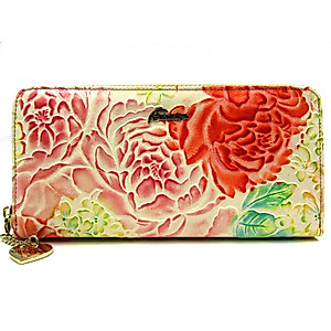 ArtsEye Peony Collection Embossed Genuine Leather Zip Purse (Orange)