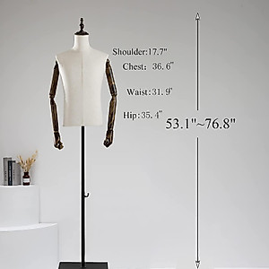 Male Mannequin Torso with Metal Stand and Wooden Arms , Dress Form Male Height Adjustable 53-76inch, Pinnable Torso Display for Clothing Retail Sewing Shop (without holders)