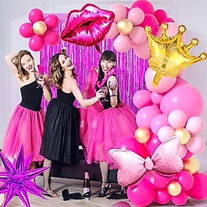 PLULON Pink Princess Balloon Garland Arch Kit with Hot Pink Tassel Plastic Tablecloth Pink Gold Metallic Balloons for Kids Girls Birthday Party Bridal Baby Shower Wedding Decorations