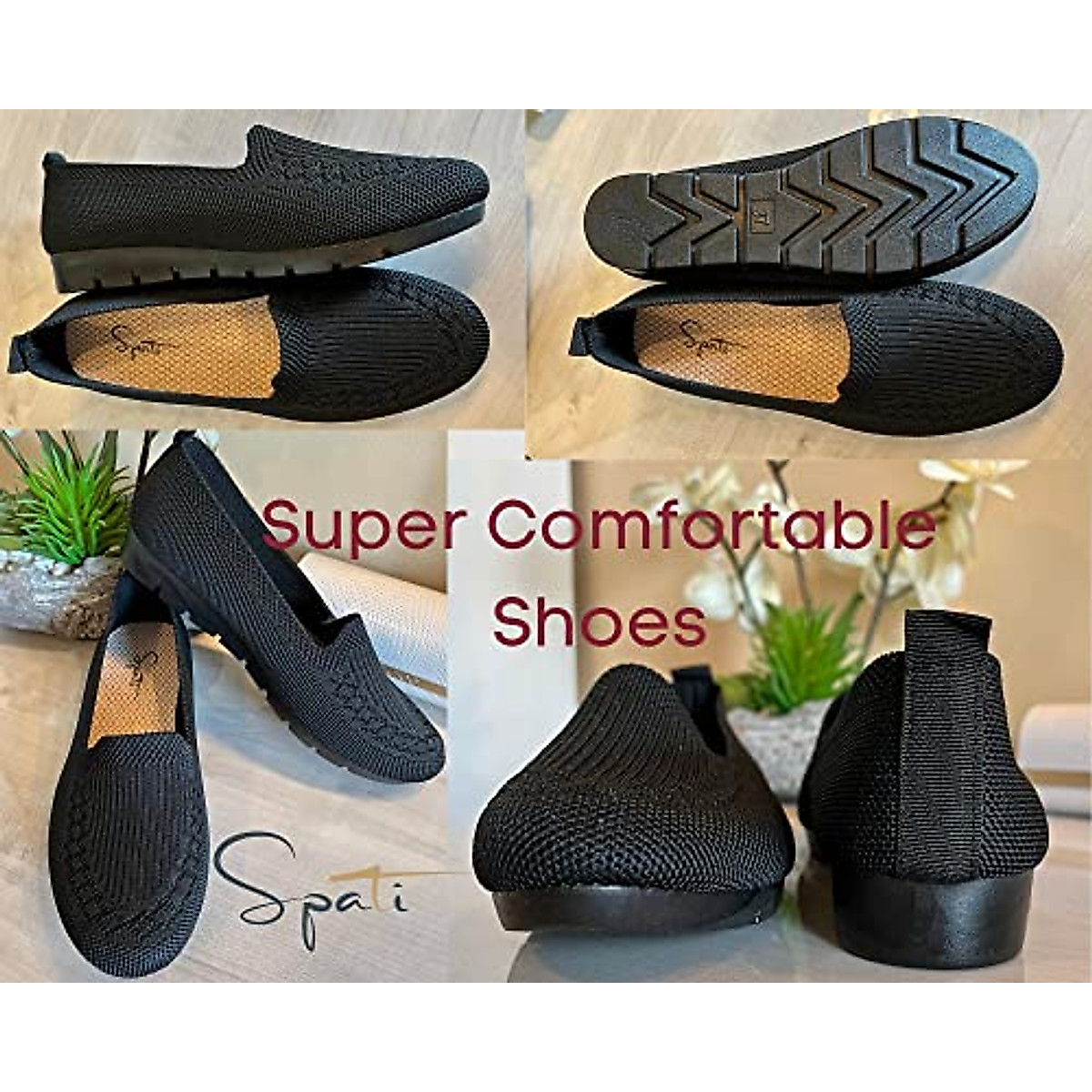 SPATI Women's Knitted Lightweight Comfortable Flat Shoes Loafers Slip On Casual Breathable Mesh Walking Round Toe (Black, Numeric_9)