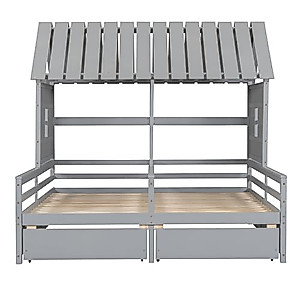 DEYOBED Wooden Double Shared Bed, Twin Size House Bed with 2 Storage Drawers Roof Design, House Platform Bed for Kids, Boys and Girls, Combination of 2 Side by Side Twin Size Beds, Gray