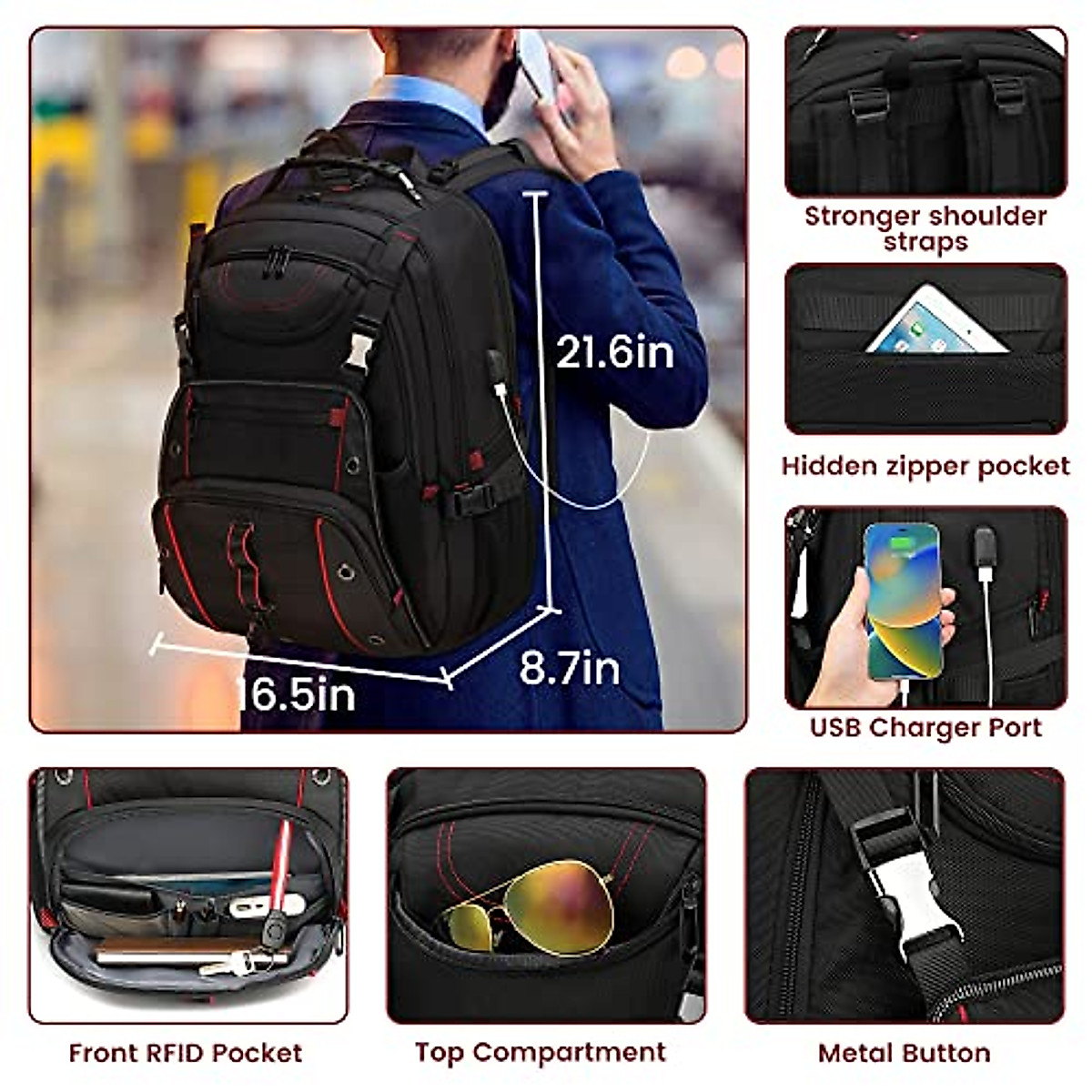 JDITVYHANO Travel Backpack for Men, Extra Large Laptop Backpack for Men with USB Charger Port, College Airline Approved Computer Business Work Backpack Carry on with Lunch Box Fits 18.4 laptop (Red)