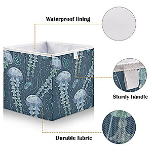Blue Jellyfish Storage Baskets for Shelves Foldable Collapsible Storage Box Bins with Fabric Bins Cube Toys Organizers for Pantry Toys, Clothes, Books in Closet and Shelf,11 x 11inch