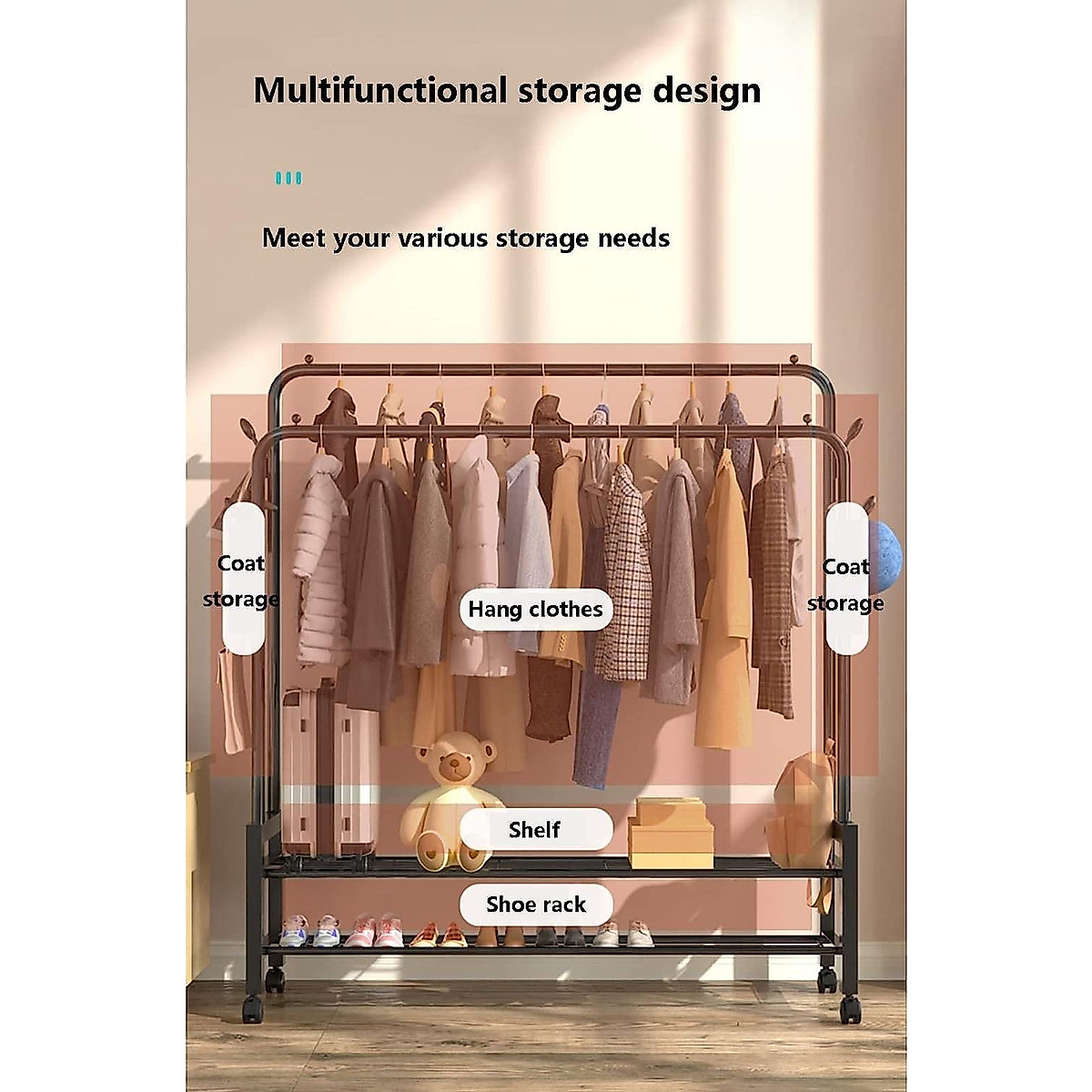 Double Garment Rail with Top Rod and 2-Tier Shelves Heavy Duty Stainless Steel Clothes Rack with Castors for Everyday Home Dormitory Hotel Adds Instant Closet Space (Color : Black, Size : 135CM)