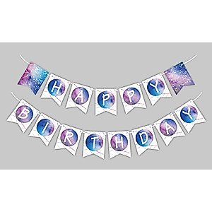 Pre-Strung Galaxy Stars Sky Birthday Banner, Ready to Hang Universe Space Bday Party Sign, Nebula Bunting