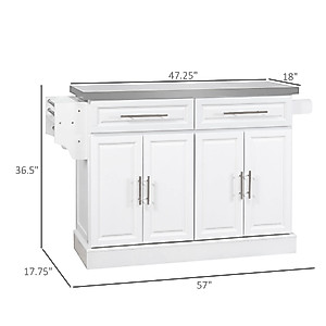 HOMCOM Rolling Kitchen Island with Storage, Portable Kitchen Cart with Stainless Steel Top, 2 Drawers, Spice, Knife and Towel Rack and Cabinets, White