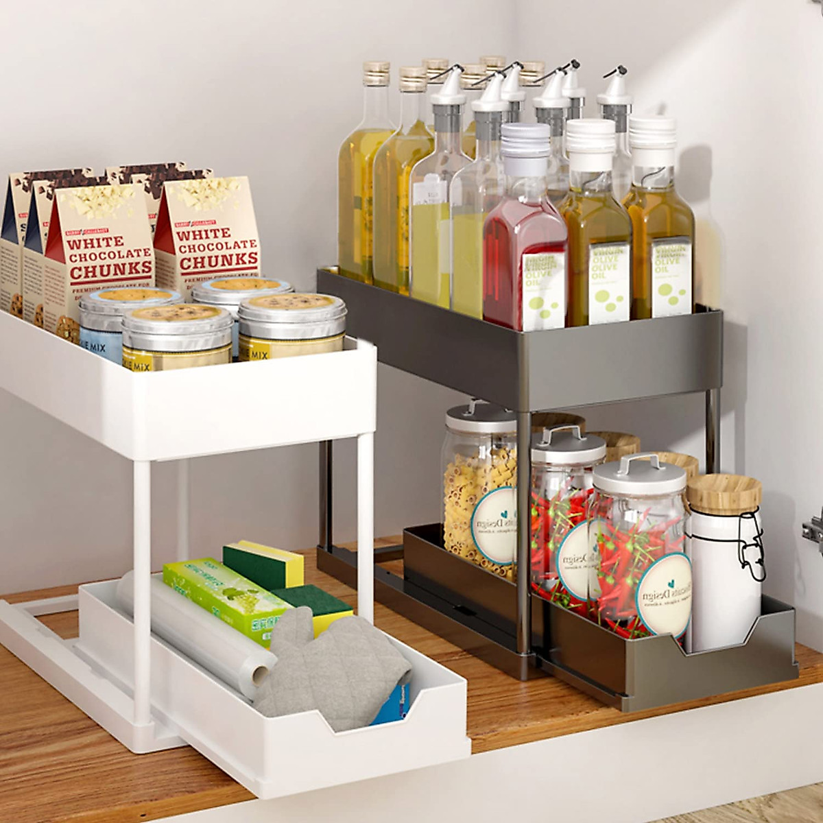 2 Pack Under Sink Organizer and Storage, 2-Tier Sliding Bathroom Organizer with Hook, Multi-Use for Kitchen/Bathroom/Laundry room Organization, Black