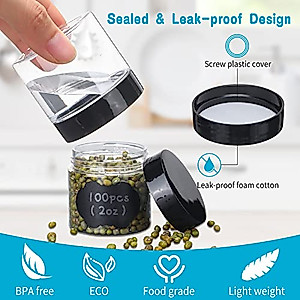 Mimorou 100 Pcs Plastic Jars with Lids Wide Mouth Round Clear Containers, Black Pen and Labels Refillable Airtight Travel Storage Leak Proof Small for Storing Dry Food, Makeup, Honey, Butter (2 oz)