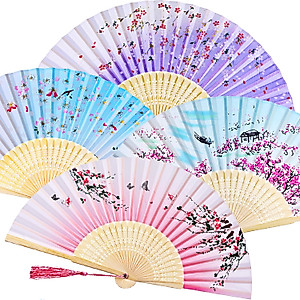 Zonon 4 Pack Handheld Floral Folding Fans Hand Held Fans Silk Bamboo Fans with Tassel Women Hollowed Hand Foldable Fan with Fabric Sleeve for Dancing Wedding Decoration Gifts(Classic)