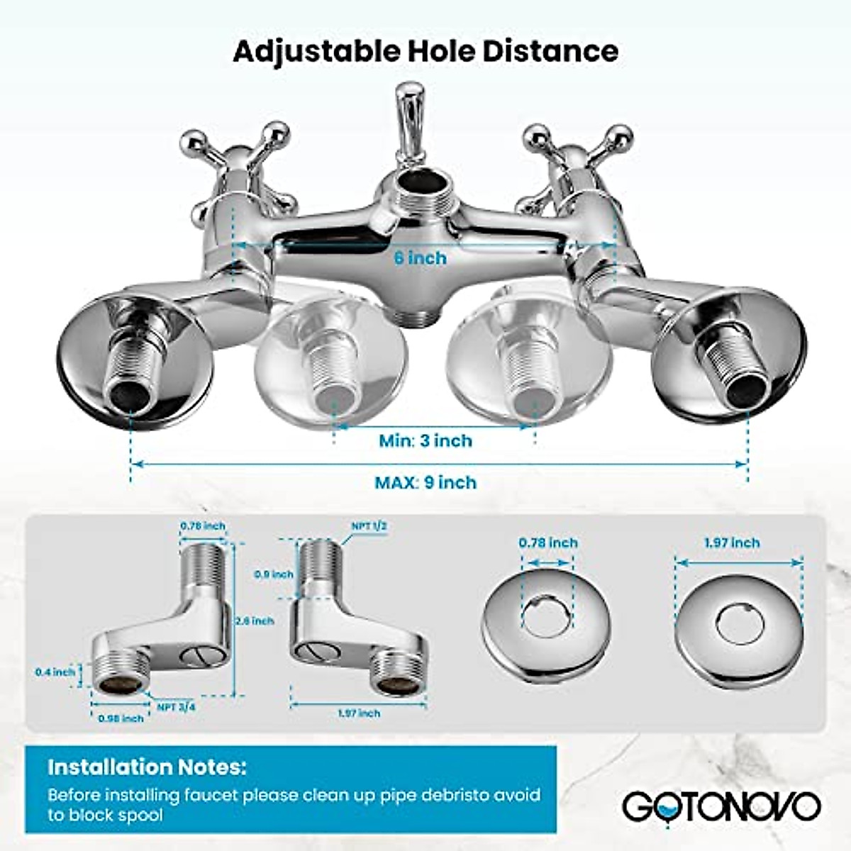 gotonovo Vintage Wall Mount Clawfoot Tub Faucet 3-9Inch Adjustable Center Polished Chrome 2 Double Handle Shower Faucet System Telephone Shape