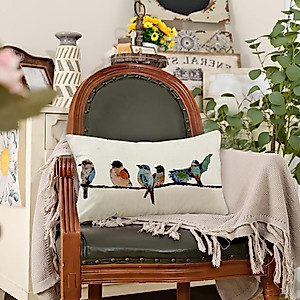 RABUSOFA 12x20 Lumbar Pillow Decorative Throw Pillows,Small Hand-Painted Outdoor Birds Pillowcases,Spring Summer Pillows Decorative Throw Cushion Covers Linen for Couch Sofa Teal Blue