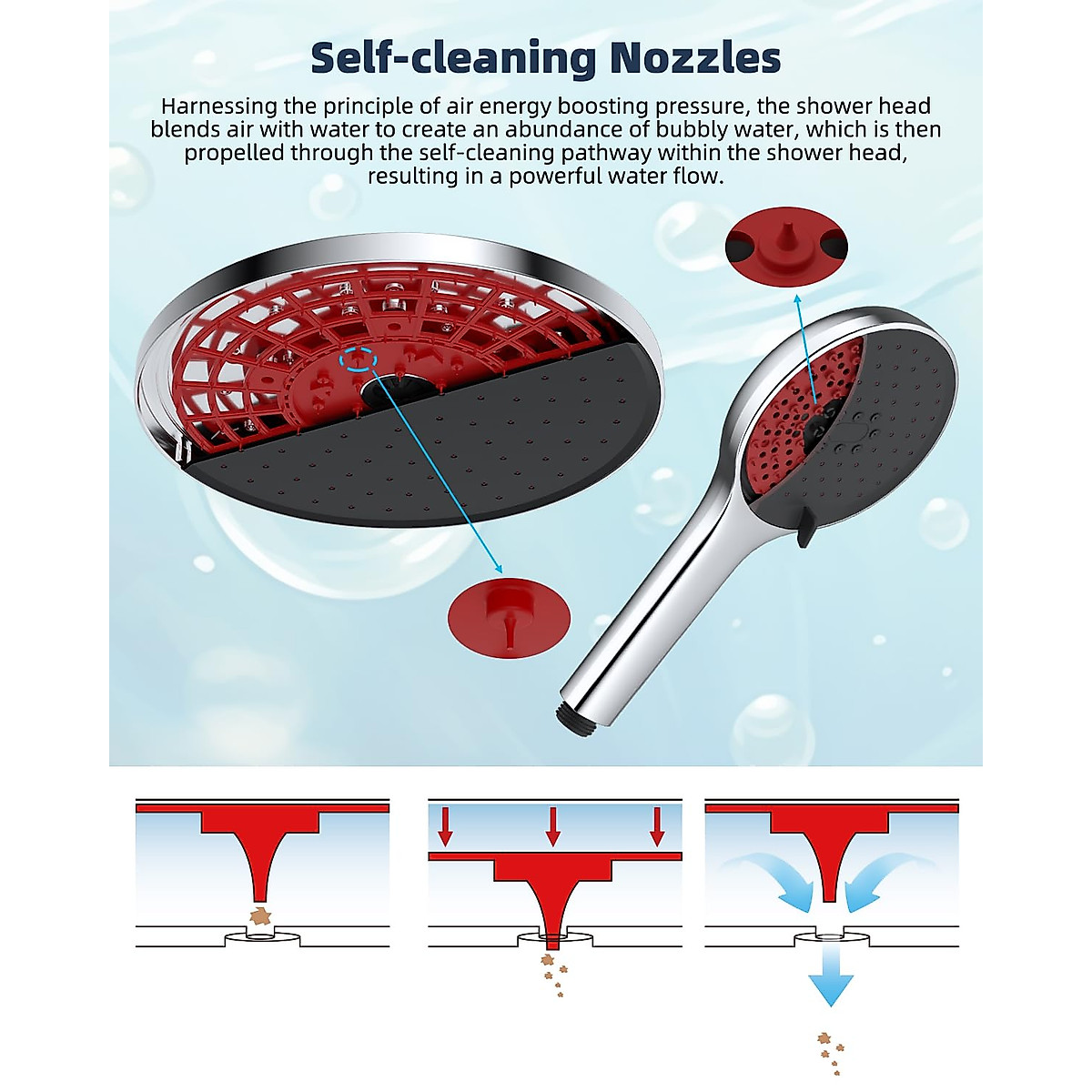 Hibbent Self-cleaning Shower Head, 10'' High Pressure Rainfall Shower Head, Showerhead Combo/Handheld Shower Head, 12'' Adjustable Curved Shower Extension Arm, 71'' Hose, 2 Shower Head Holders, Chrome