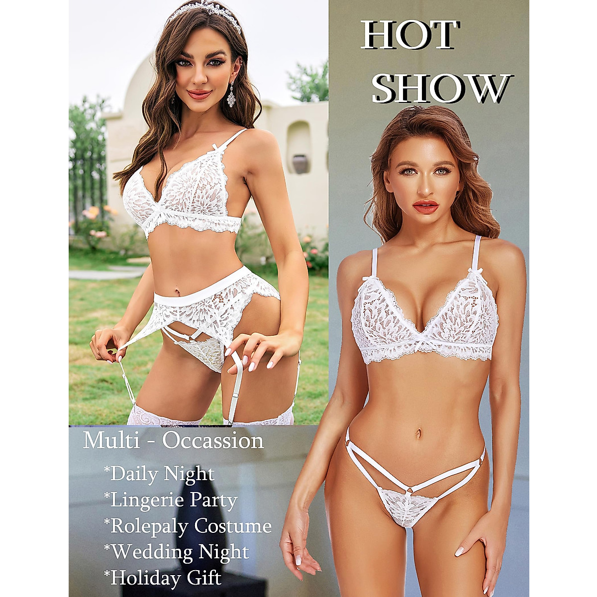 Avidlove Women Garter Lingerie Lace Bra and Panty Set Sexy 3 Piece Lingerie Set with Garter Belt (L, White)