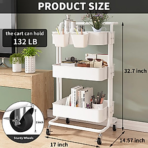 EZ COZY 3 Tier Rolling Cart Heavy Duty,Metal Rolling Utility Cart with Wheels and Handle, Rolling Storage Cart with 2 Hanging Buckets, Multifunctional Trolley for Kitchen, Living Room, Office (White)
