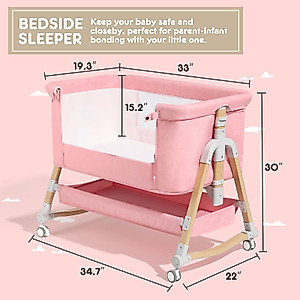HARPPA Cuddly 3 in 1 Baby Bassinet Bedside Sleeper(Mosquito Net Included), Five-Position Adjustable Bedside Crib with Storage for Newborns, Portable Bassinet with Anchor Strap (Wood Grain, Pink)