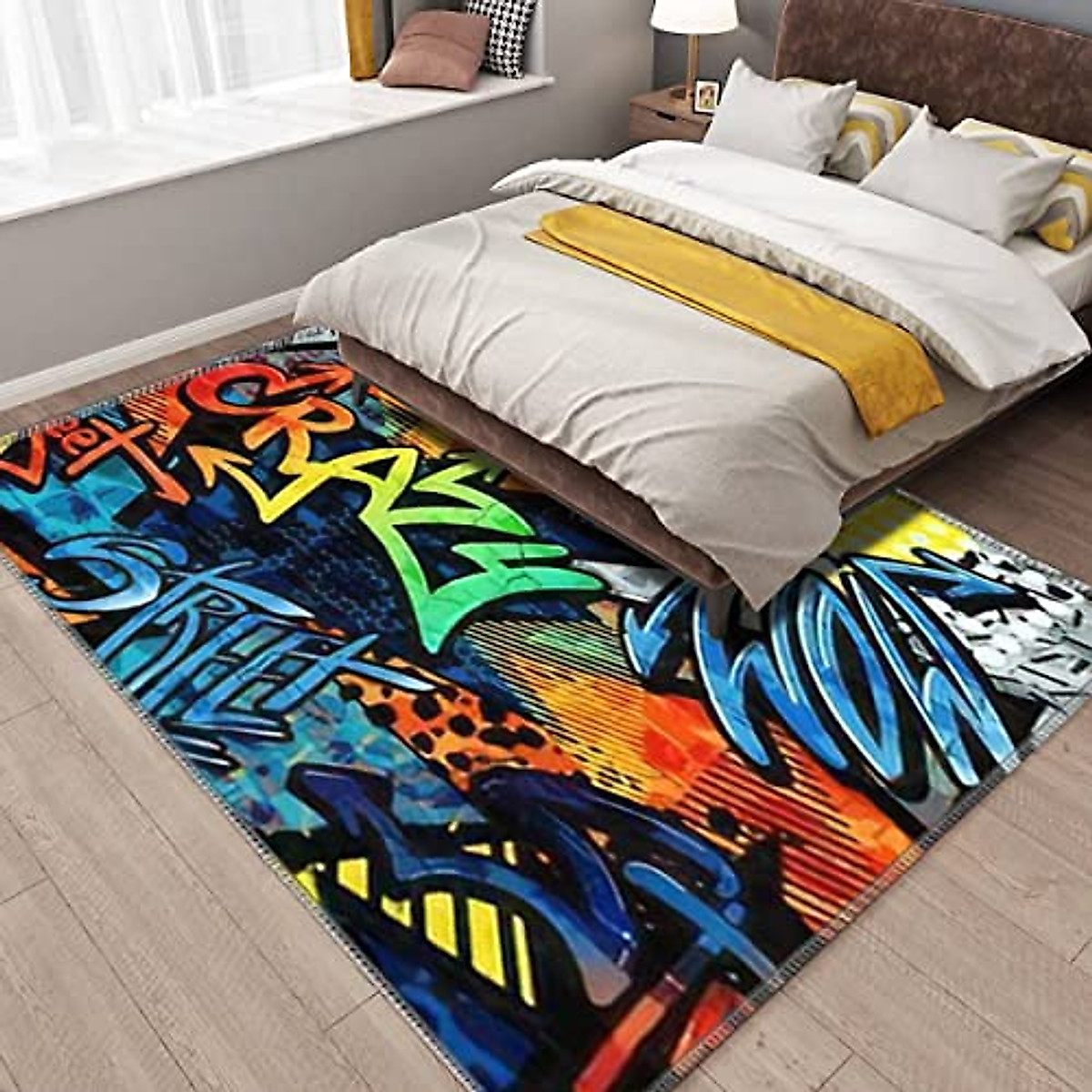 Modern Abstract Area Rugs for Living Room Kitchen Bedroom Abstract Bright Graffiti Pattern with Bricks Paint Drips Words in Bathroom Rugs Stain Resistant Carpet Mat Pad Rectangular Home Decor