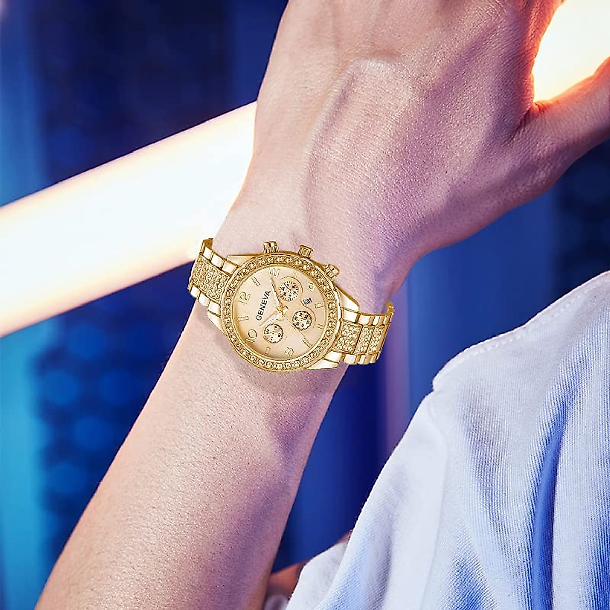 FANMIS Unisex Luxury Pave Floating Crystal Diamonds Calendar Quartz Watch with Stainless Steel Link Bracelet (B Gold)