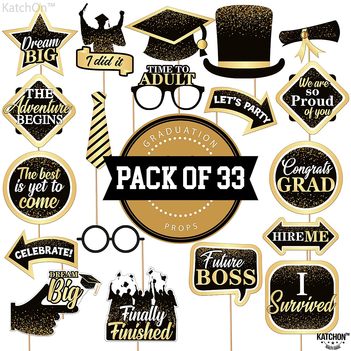 KatchOn, Black Graduation Photo Booth Props 2024 - Pack of 33 | Grad Photo Props, Black and Gold Graduation Photo Props | Graduation Props for Photoshoot 2024, Graduation Decorations Class of 2024