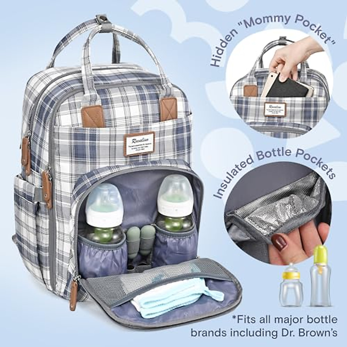 RUVALINO Diaper Bag Backpack - Multifunction Travel Back Pack Maternity Baby Changing Bags, Diaper Changing Totes, Large Capacity, Waterproof and Stylish, Baby Travel Essential, Blue Plaid