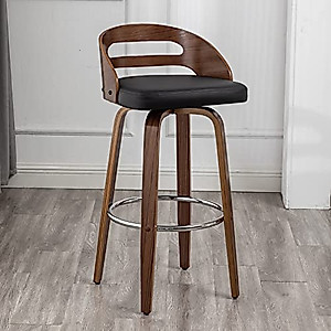 Bar Stools Set of 2, Swivel Bar Height Stools with Walnut Bentwood, Low Back, Upholstered Faux Leather, Soft Cushion Seat, Mid Century Bar Stools for Kitchen/Island/Counter (Black, 25" Seat Height)