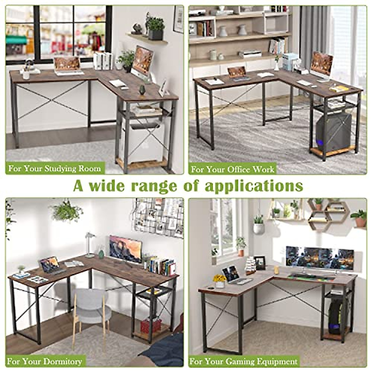 Lucky Shop L-Shaped Desk 47" Corner Computer Desk, Gaming Table with Sturdy X Leg, Adjustable Wood PC Desk, Modern Ergonomic Racing Style Study Desk Workstation, Space-Saving for Home Office, Brown