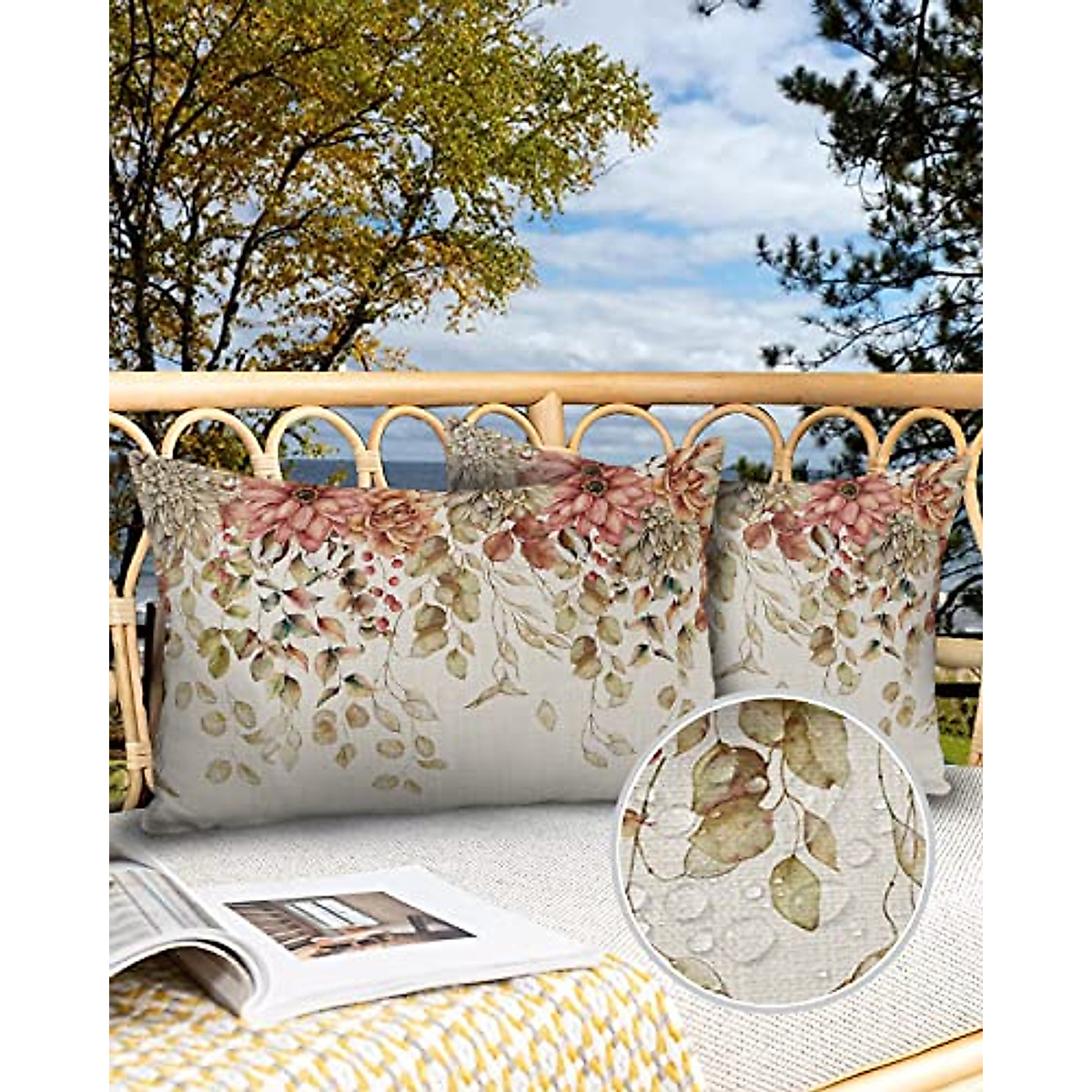 Outdoor Pillow Covers for Patio Furniture 20x12 inch 2PCS, Rectangle Waterproof Garden Cushion Vintage Eucalyptus Leaves Dahlia Farmhouse Throw Pillow Cover Shell for Sofa Couch Bench Seat
