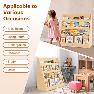 Single-Sided Bookshelf, Wooden Bookshelf, 4-Layer Toddler Bookshelf, Children's Magazine Storage Shelf, Ideal for Playrooms, Bedrooms, Study Rooms, Living Rooms, Nurseries and Classrooms