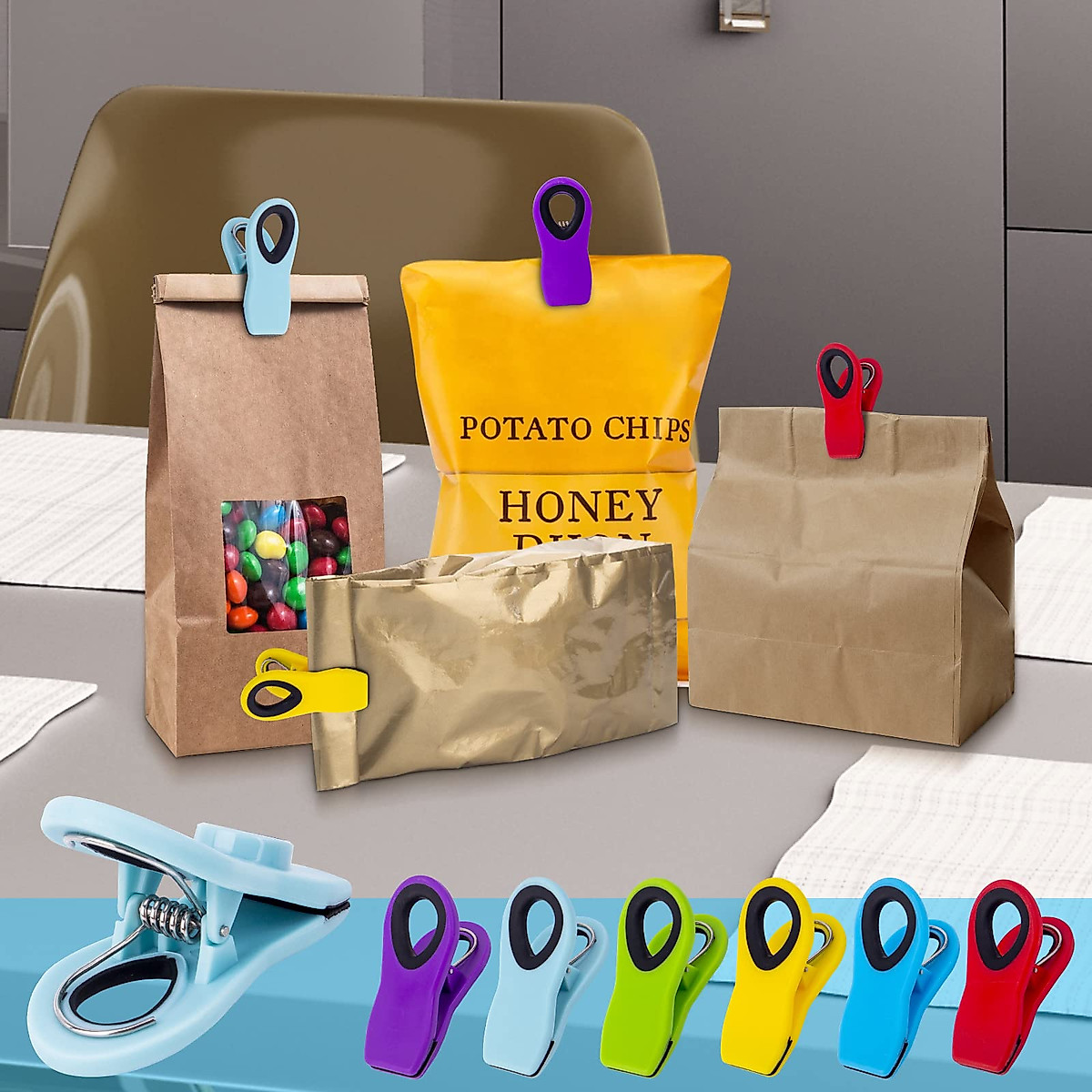 Bag Clips with Magnet, Chip Clips, Bag Clips for Food, Clips for Food Packages, 6 Pack Assorted Colors Magnetic Clips for Refrigerator, Bread Bags, Snack Bags and Food Bags