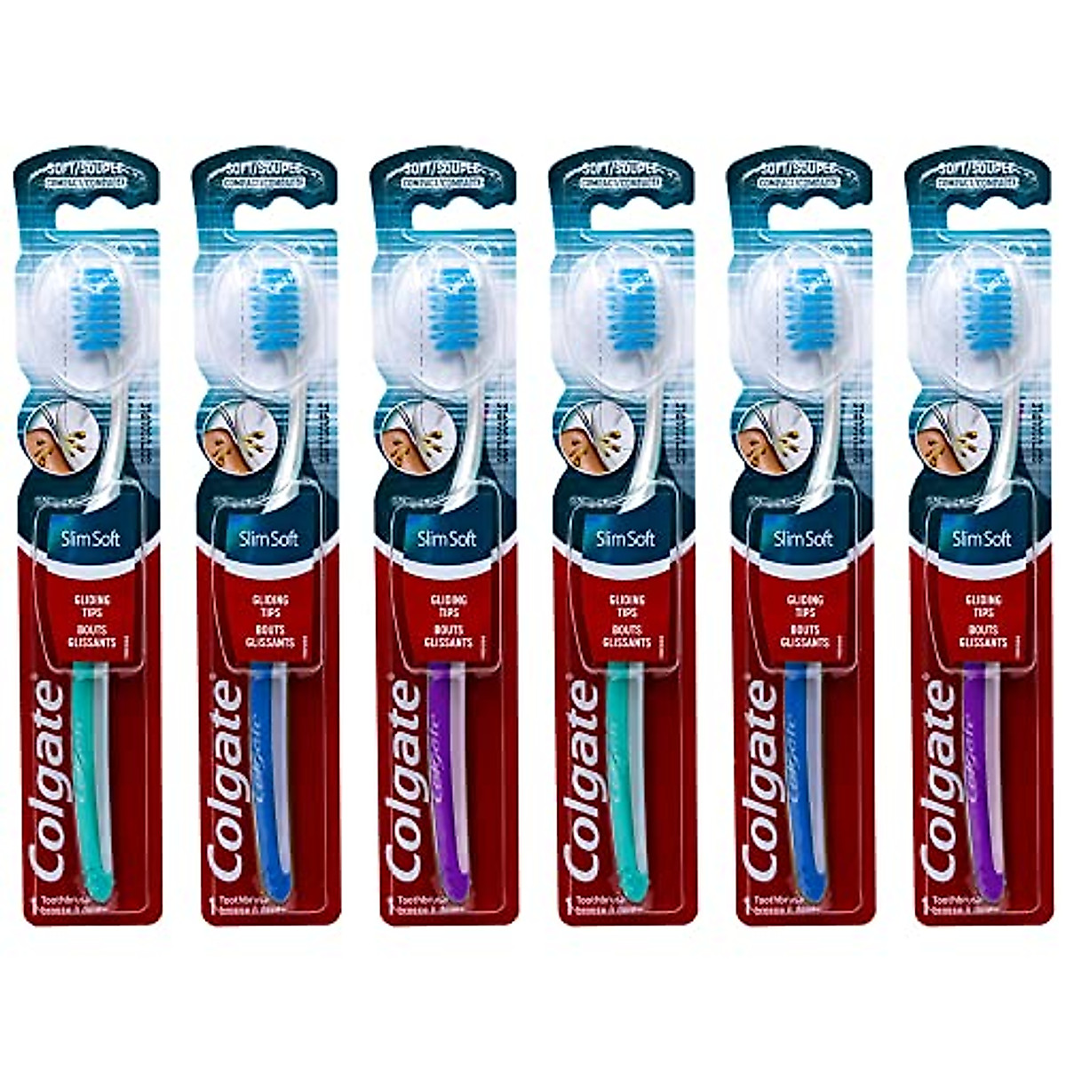 Colgate Slim Soft Toothbrush, Gliding Tips, Compact Soft (Colors Vary) - Pack of 6